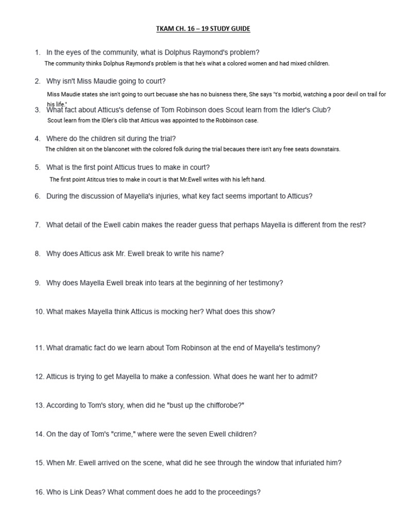 Kaylee Durbin - TKAM CH 16-19 Study Guide | PDF | To Kill A Mockingbird