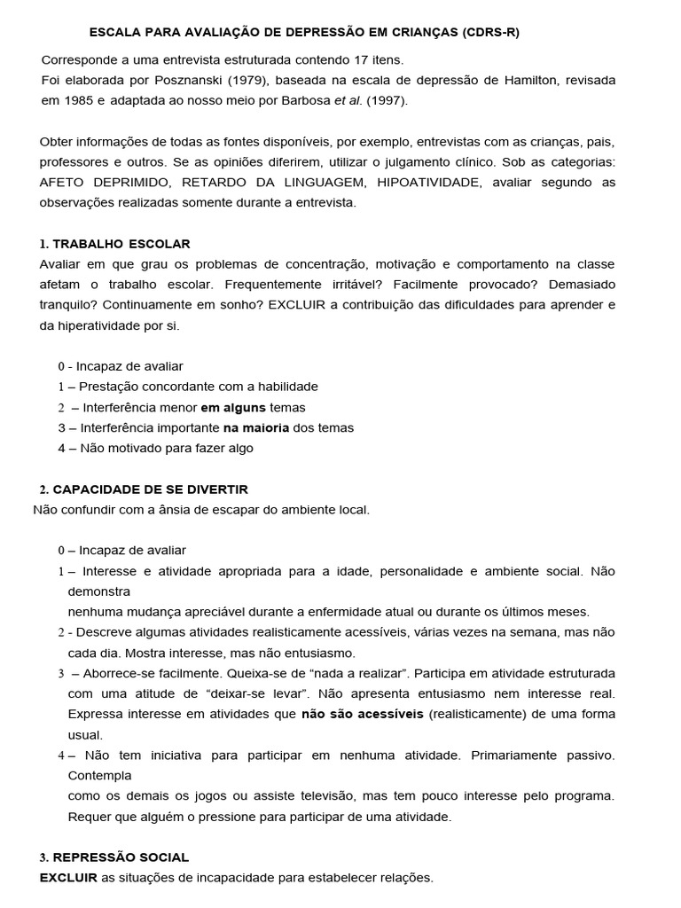 Escala para Avaliação de Depressão em Crianças | PDF | Depressão | Suicídio
