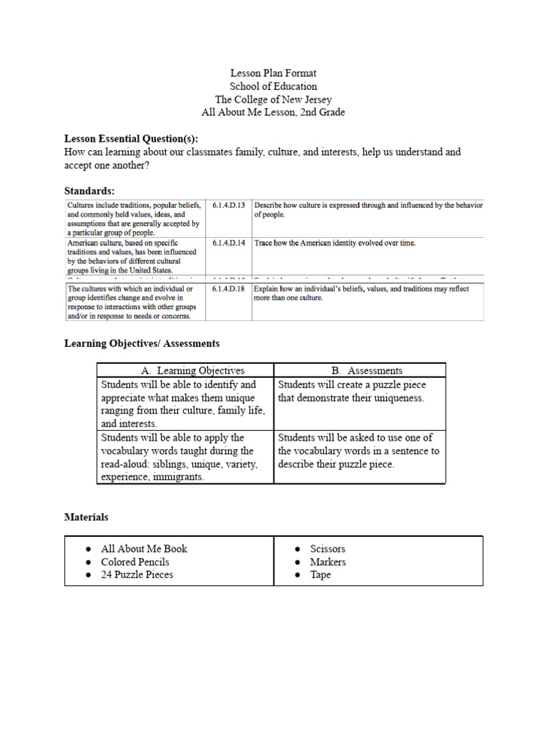 All About Me Lesson Plan | PDF | Vocabulary | Education Theory