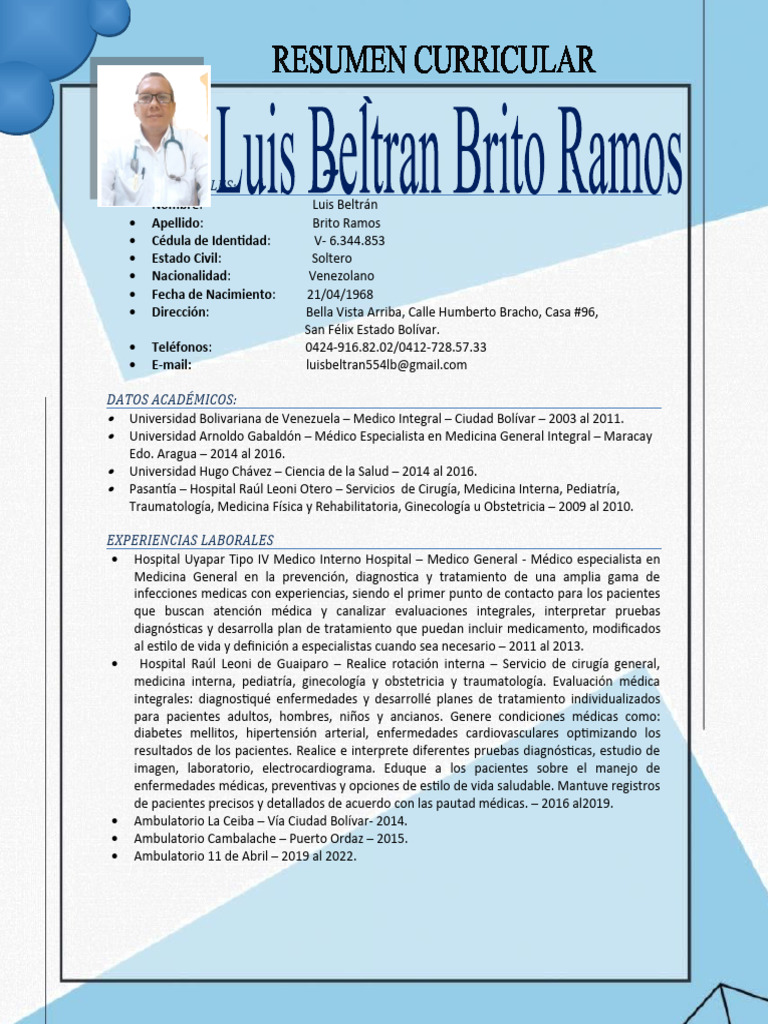 Resume Curricular Luis Beltran Brito Ramos | PDF | Hospital | Medicina