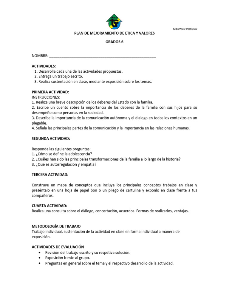 Plan de Mejoramiento de Etica y Valores Segundo Periodo | Descargar gratis PDF | Institución ...