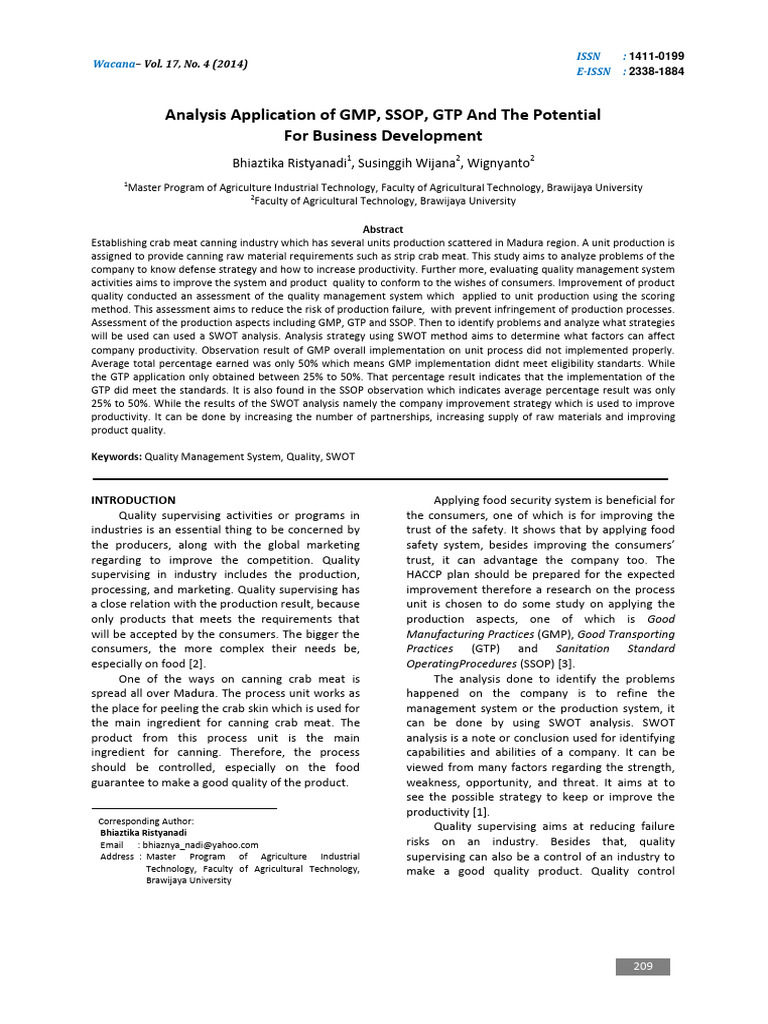en Analysis Application of GMP Ssop GTP and The Potential For Business Development | PDF | Swot ...