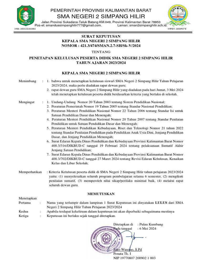 SK Penetapan Kelulusan 2024 | PDF