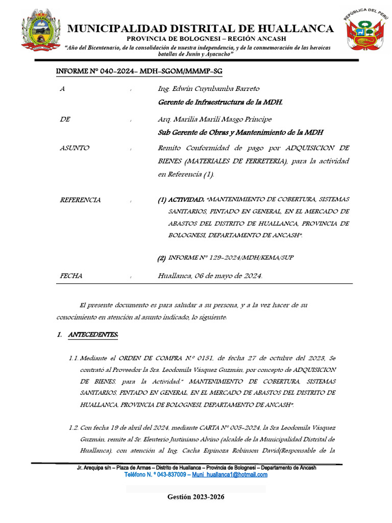 INFORME N° 040-2024- COMPROMISO Y CONFORMIDAD DE PAGO DE BIENES PARA MERCADO DE ABASTOS | PDF ...