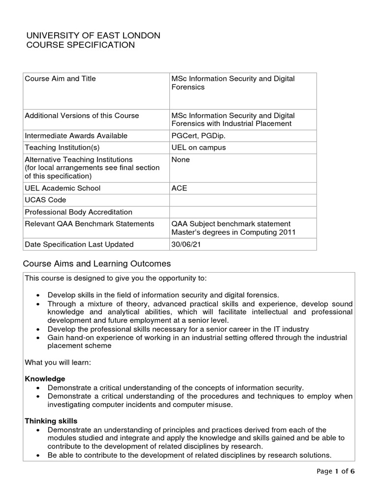 Course Specification - MSC Information Security and Digital Forensics v21 | PDF | Lecture ...