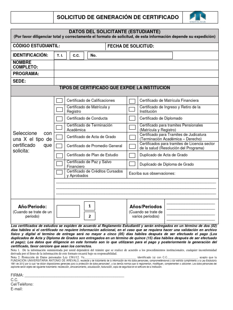 FORMATO SOLICITUD DE CERTIFICADOS | PDF