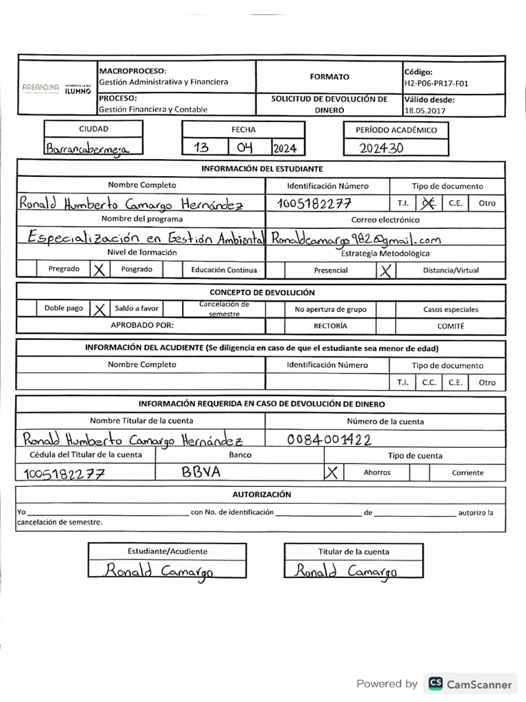 Formato devolución de Dinero 2024 | PDF