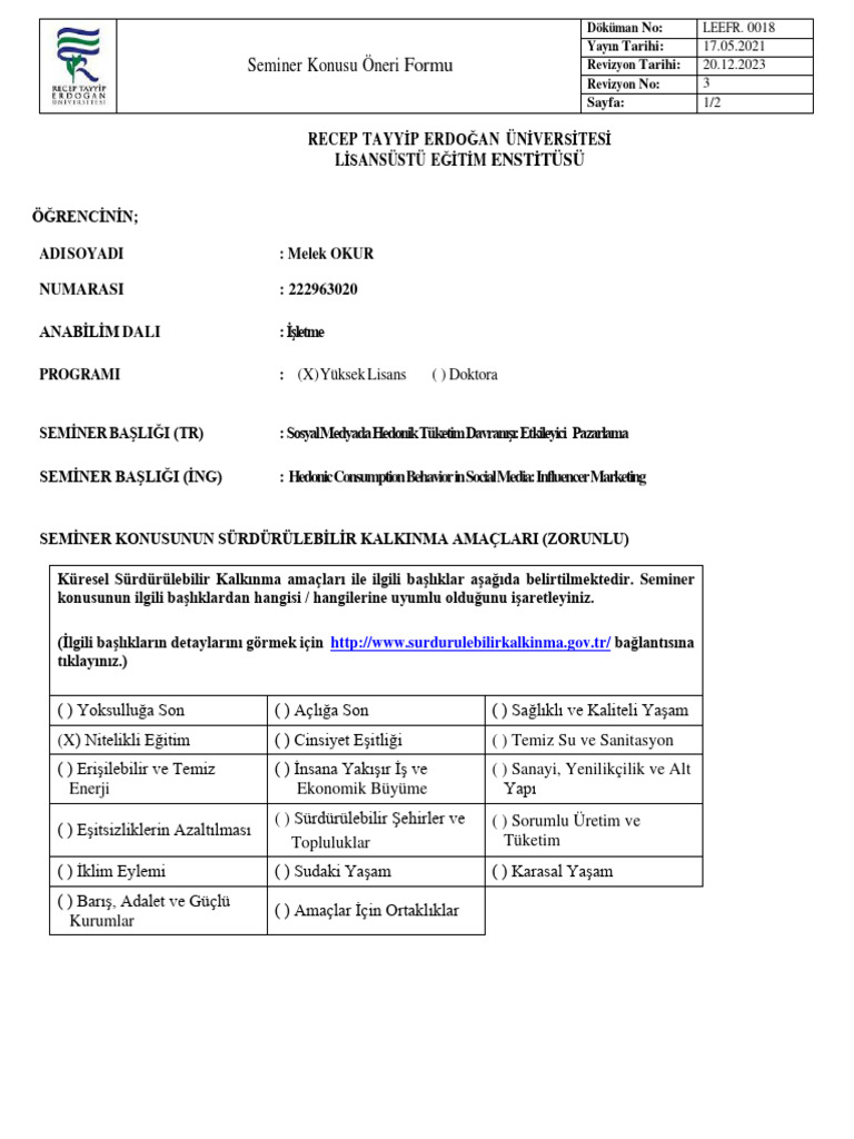 Seminer Konusu Öneri Formu Melek OKUR | PDF