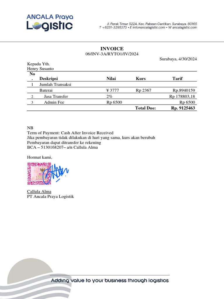 Invoice dan Pernyataan Pembayaran Ancala | PDF