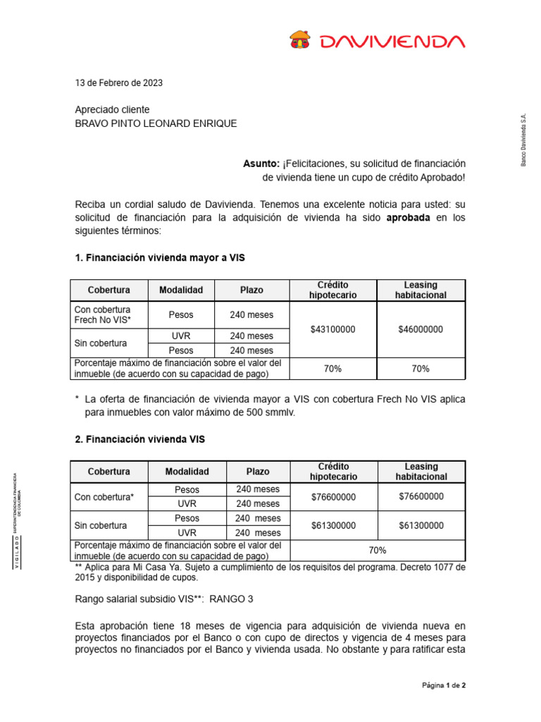 Aprobación de Crédito para Vivienda Davivienda | PDF | Finanzas y dinero