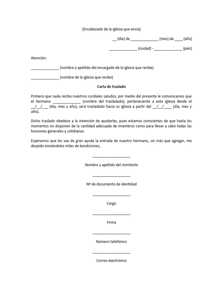 Modelo de Carta de Traslado de Iglesia para Prestar Apoyo | PDF Modelo de Carta de Traslado de Iglesia para Prestar Apoyo | PDF