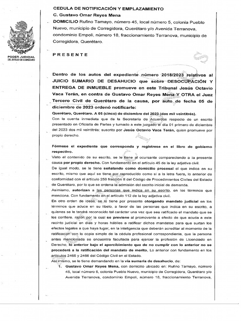 Cedula de Notificacion y Emplazamiento | PDF