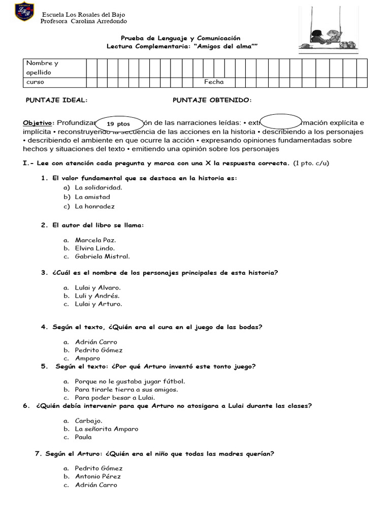 Prueba de "Amigos del alma" | PDF | Artes del Lenguaje y Comunicación ...