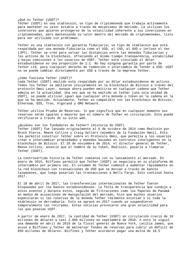 Tether (USDT): La Stablecoin Explicada | PDF | Economias