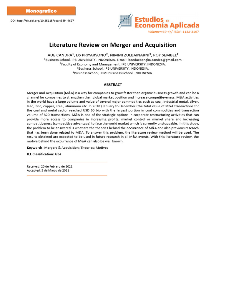 Soal 4 - Literature Review On Merger and Acquisition | PDF | Mergers ...