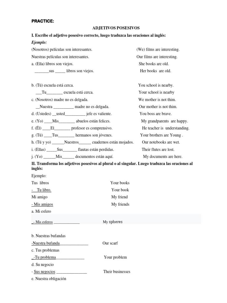 Adjetivos Posesivos (Practice) | PDF | Language Arts & Discipline