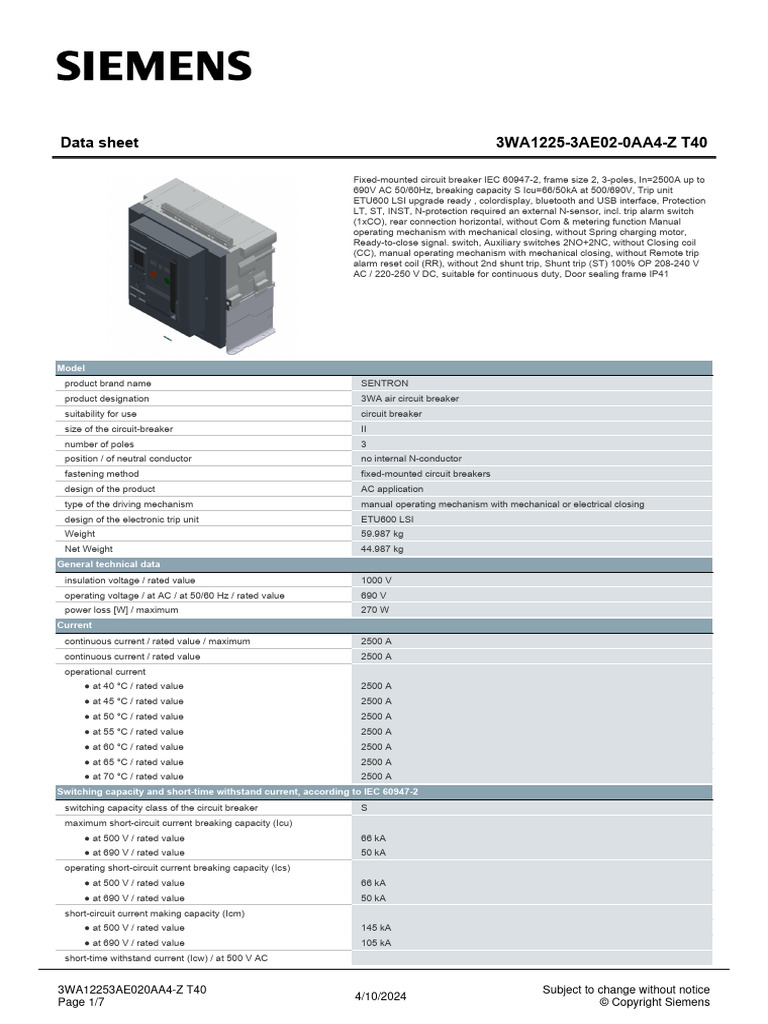 3WA12253AE020AA4-Z+T40 Datasheet en | PDF | Alternating Current | Power (Physics)