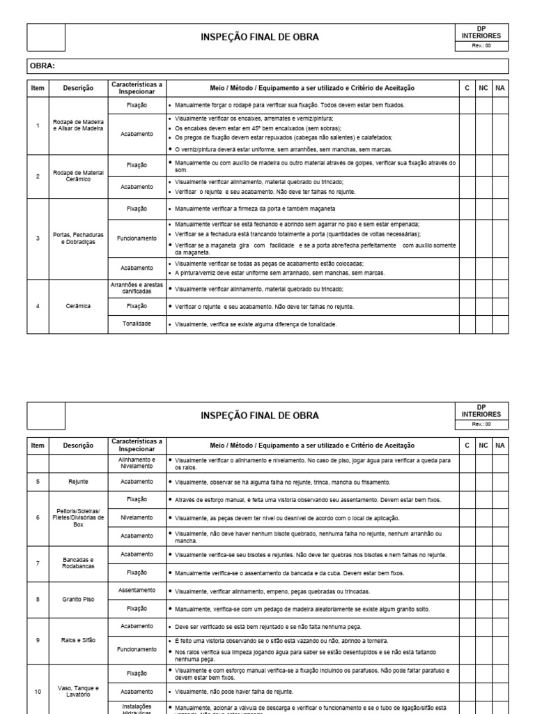 Check List Obra | PDF | Válvula | Parafuso