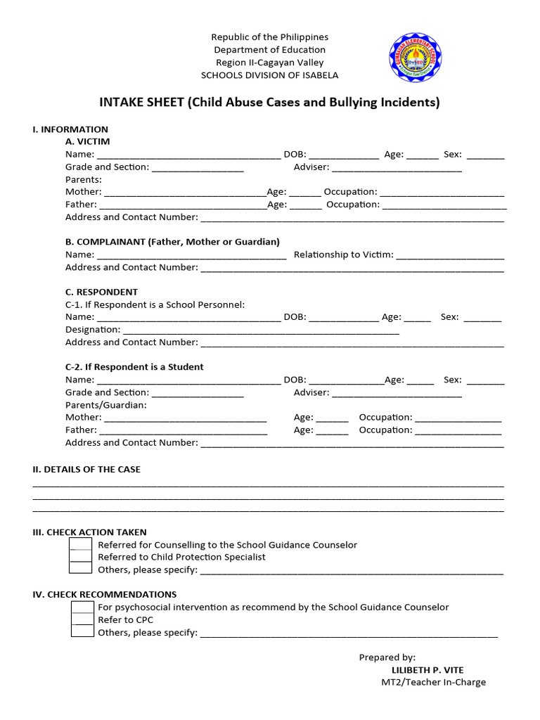 Intake Sheet | PDF | School Counselor | Bullying