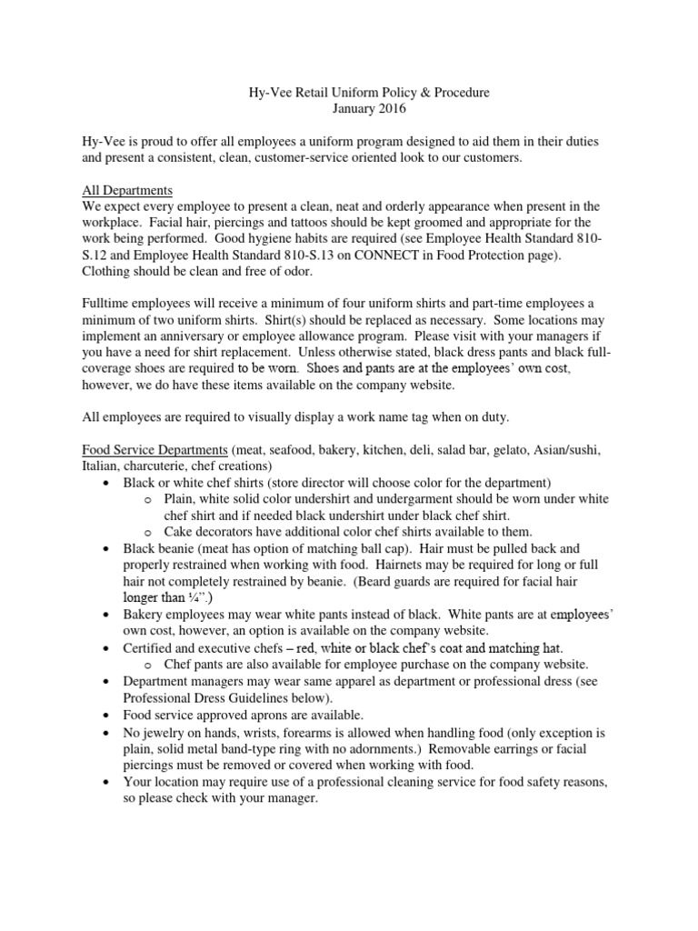 Hy-Vee Retail Uniform Policy Procedure | PDF | Dress | Clothing