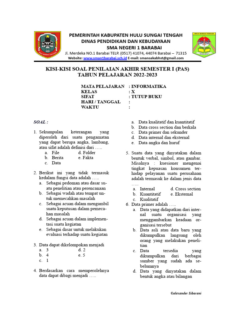 Kisi-Kisi Soal Pas Kelas X Informatika | PDF | Komputer