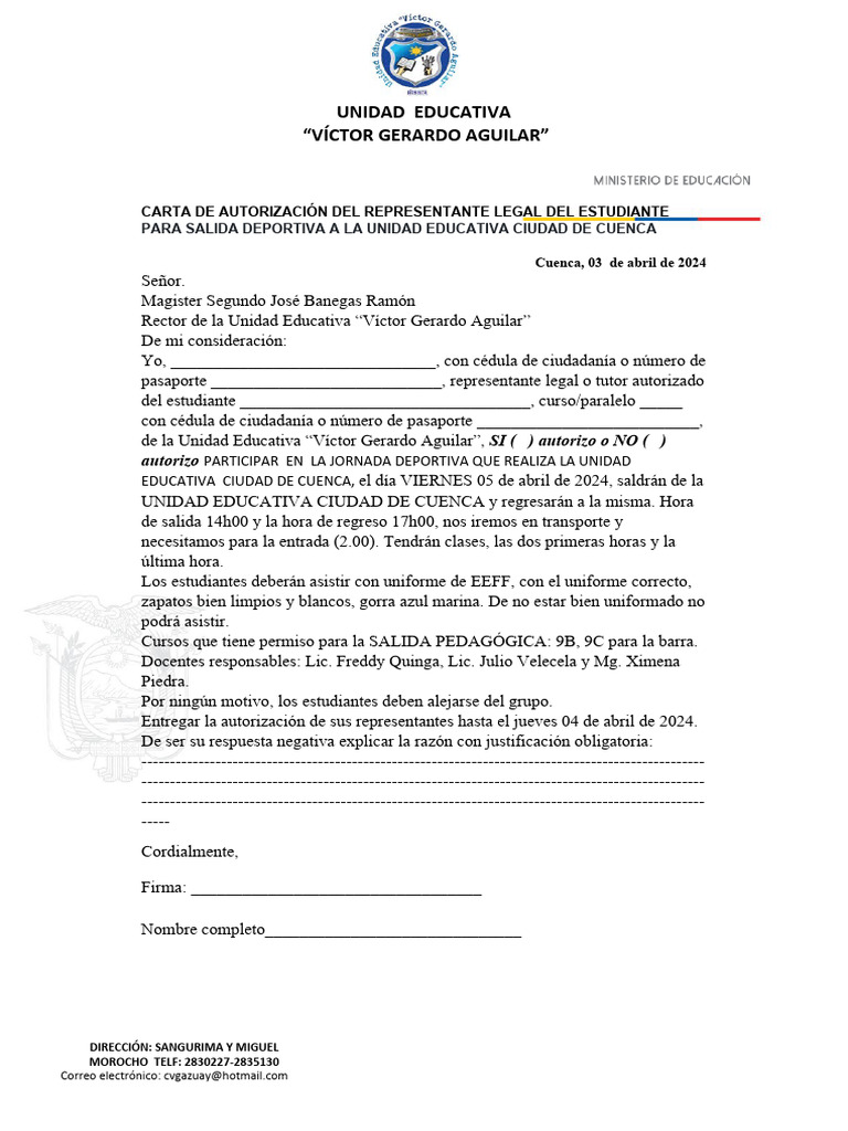Carta de Autorización Salida Deportiva Ciudad de Cuenca | PDF | Gobierno y personalidad