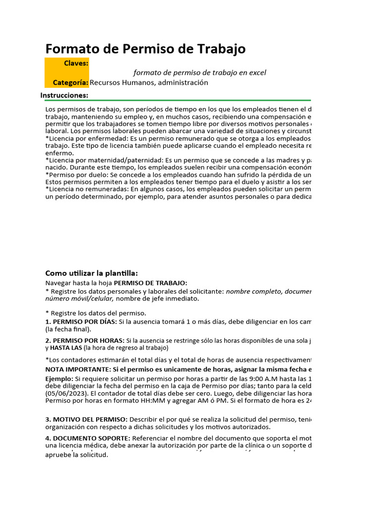 Plantilla Excel Permiso Trabajo | PDF | Gestión de recursos humanos | Empleo