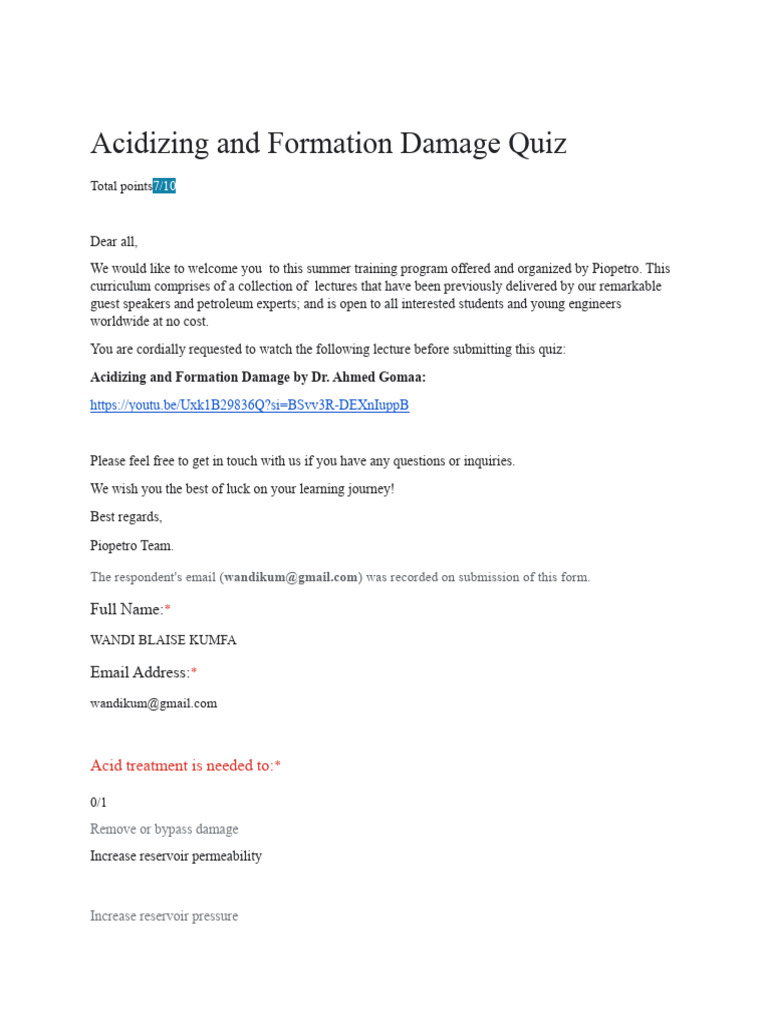 Acidizing and Formation Damage Quiz | PDF