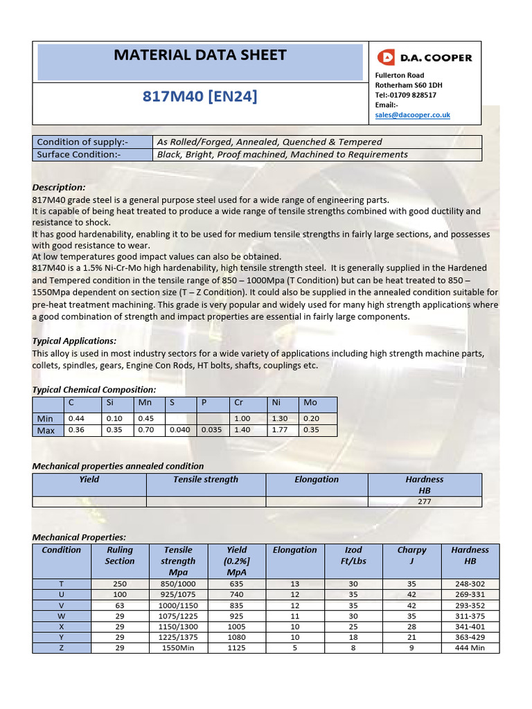 817M40 EN24 Product Datasheet D.A.Cooper Sons | PDF | Heat Treating | Steel