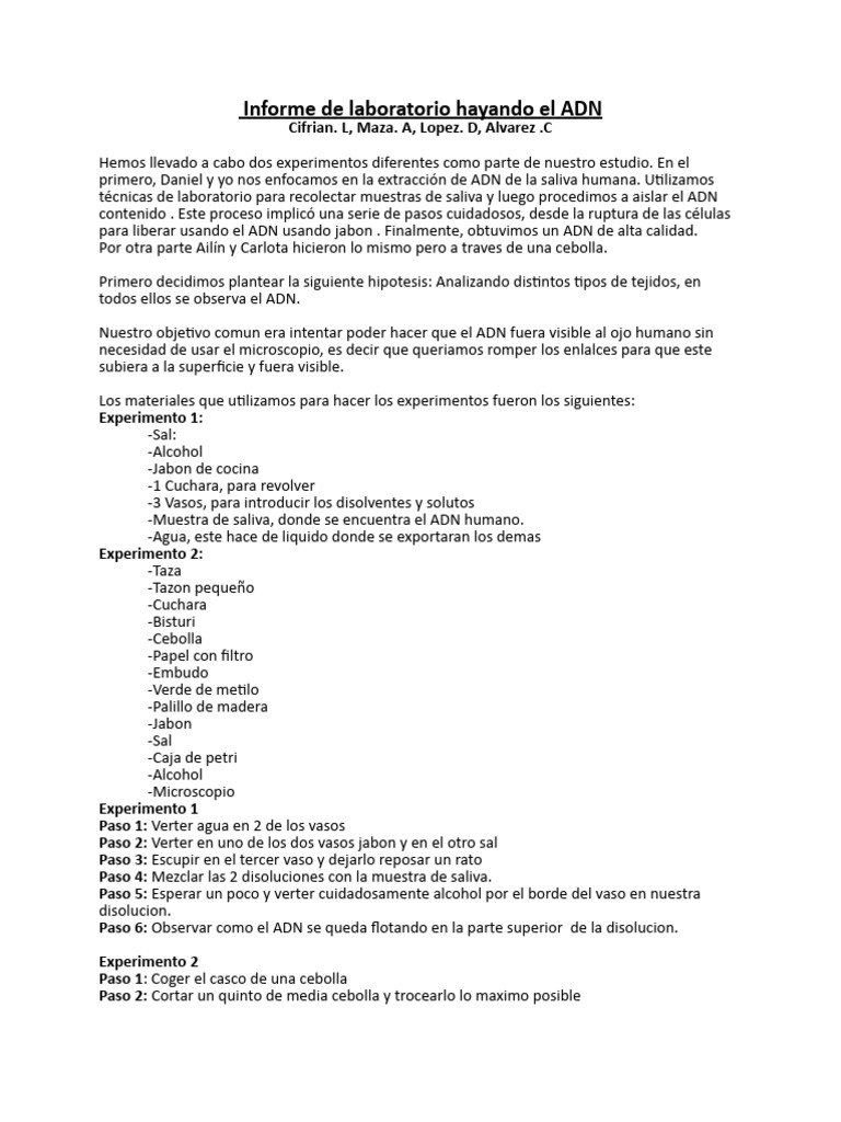 Trabajo de biologia, hayando el ADN Lucas Cifrian Contador | PDF | Adn | Experimentar