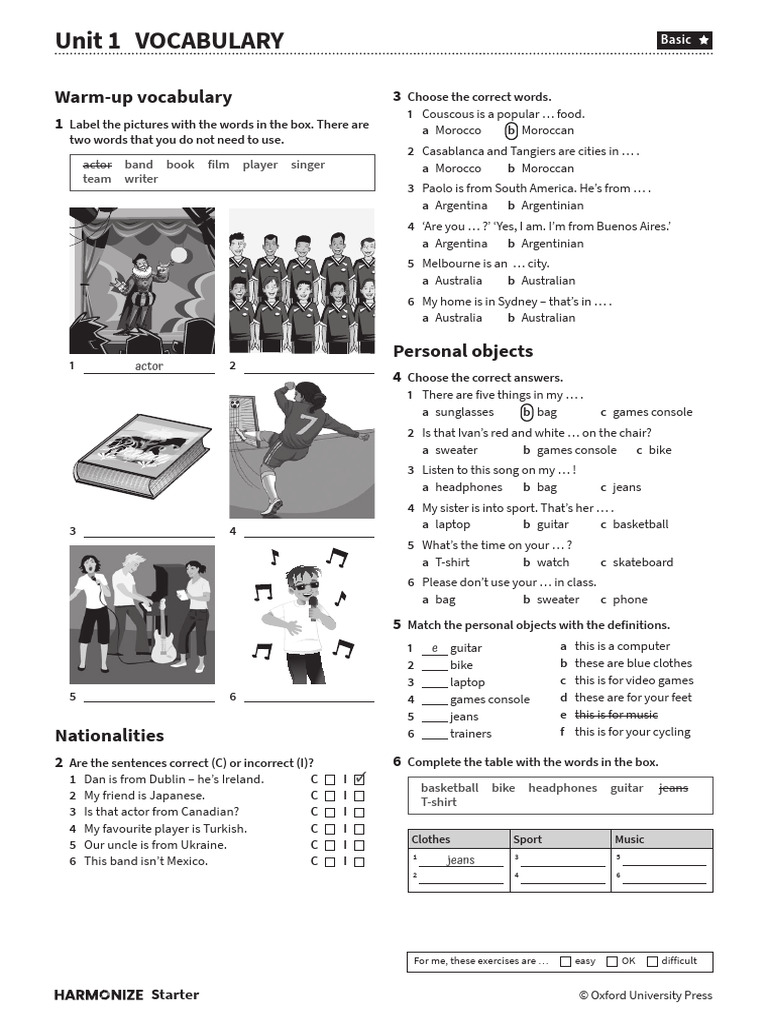 Harmonize ST TRM Unit 1 Vocab Grammar Worksheets | PDF
