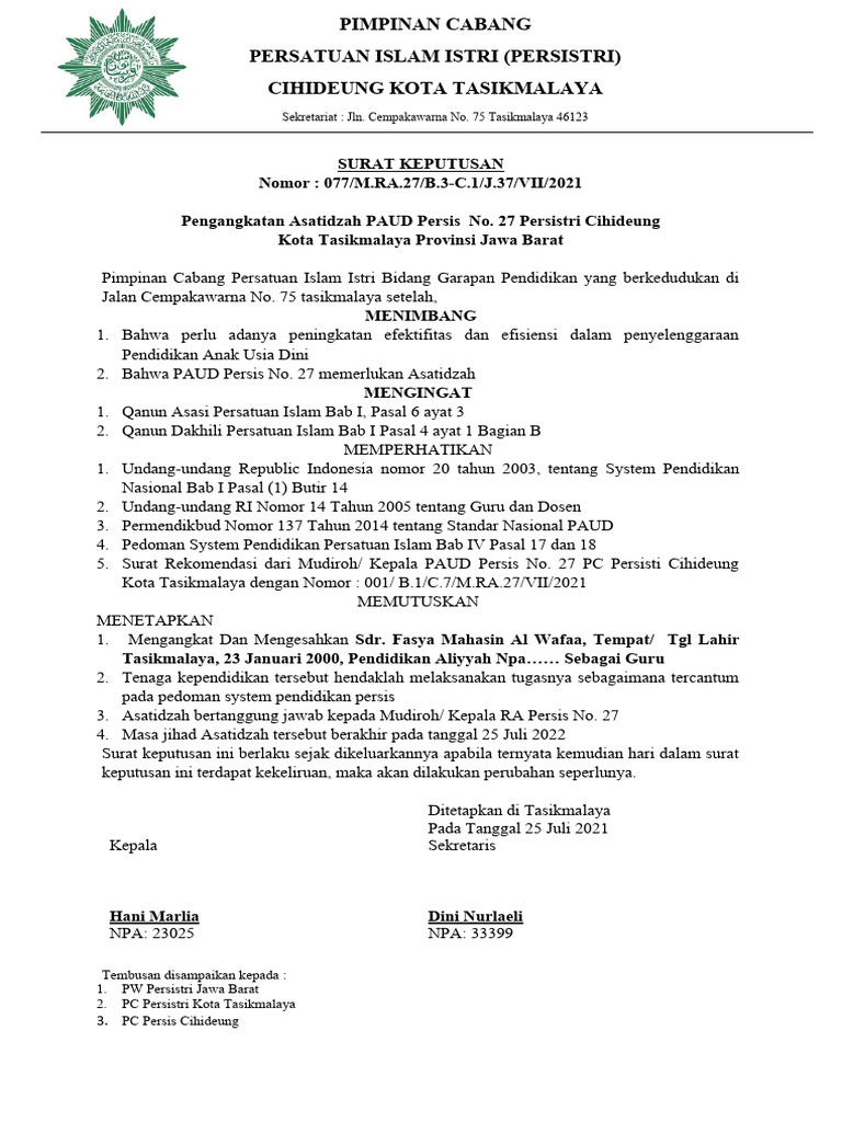 SURAT KEPUTUSAN Raihan | PDF