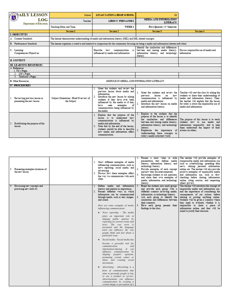 DLL Mil Quarter 1 Week 1 | PDF | Mass Media | Information Literacy