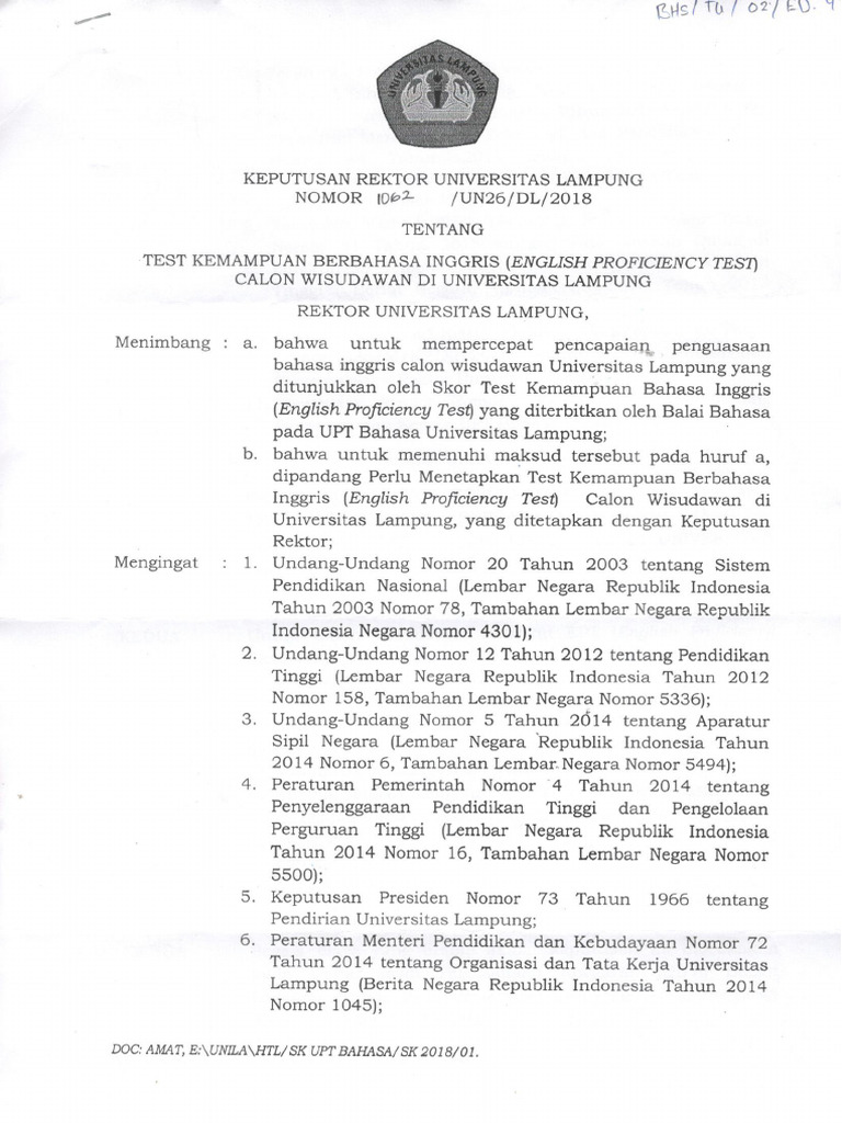 Scan SK Rektor 1062 Minimal Skor EPT 400 | PDF