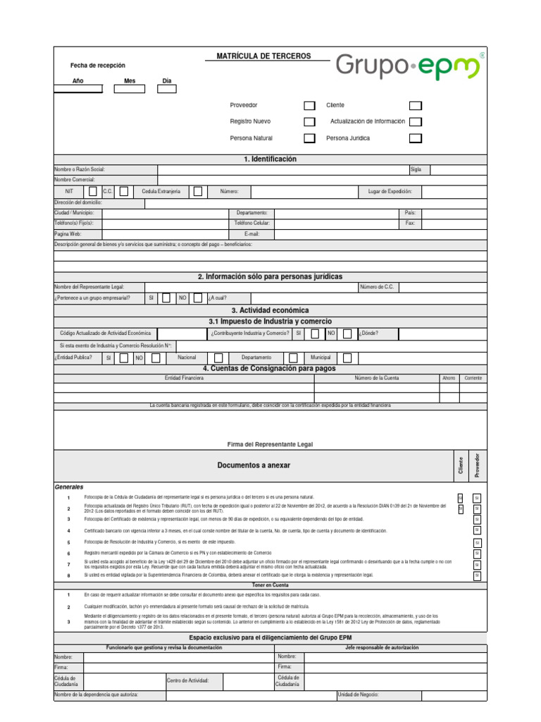 Formato Matricula Terceros para Grupo Epm | PDF | Documento de identidad