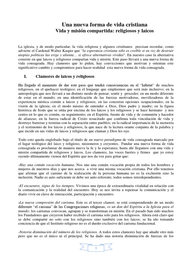 Vida y Mision Laicos y Religiosos | PDF | Carisma | Iglesia Católica