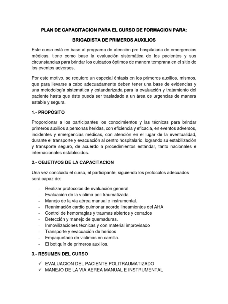 PLAN DE INSTRUCCION PAUX Basico | PDF | Primeros auxilios | Gestión de ...