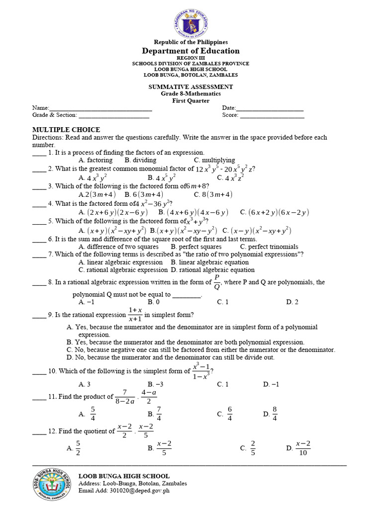 MATH 8 SUMMATIVE and PERFORMANCE Q1 For Uploading | PDF | Polynomial ...