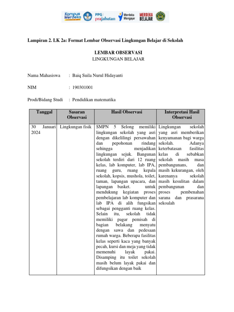 Lampiran 2. LK 2b Lembar Observasi Lingkungan Belajar | PDF