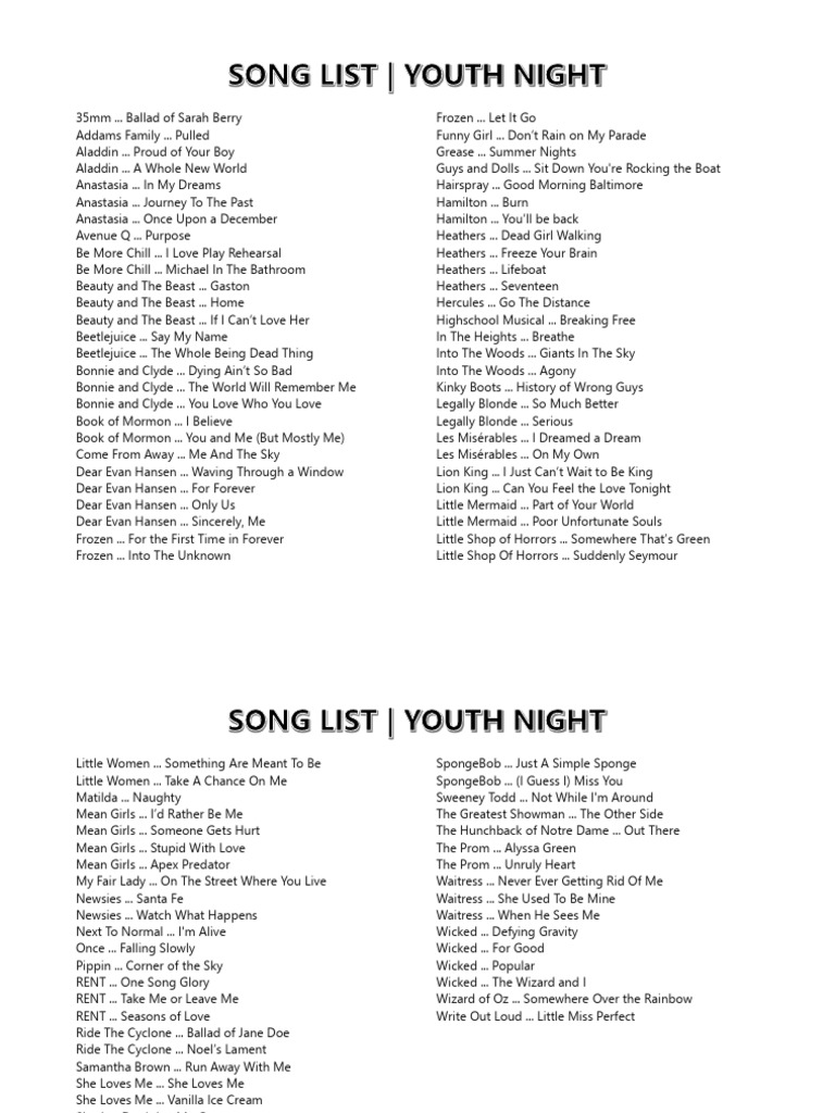 Song List - Youth Night | PDF