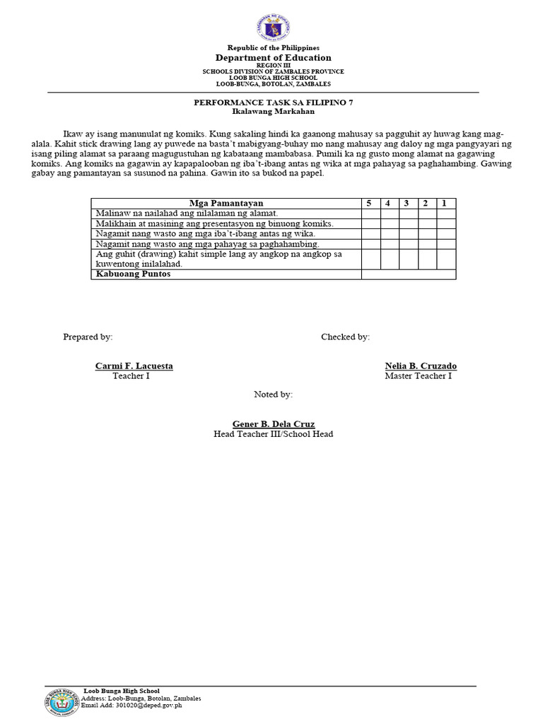 PERFORMANCE TASK SA FILIPINO 7 q2 | PDF