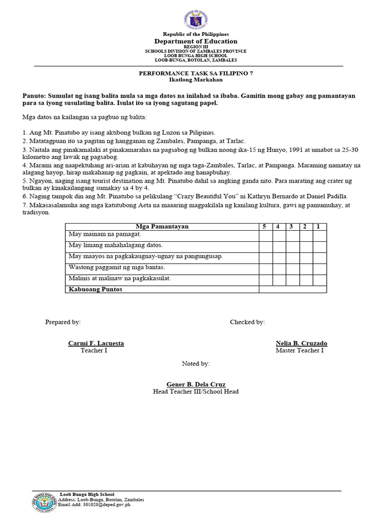 PERFORMANCE TASK SA FILIPINO 7 q3 | PDF