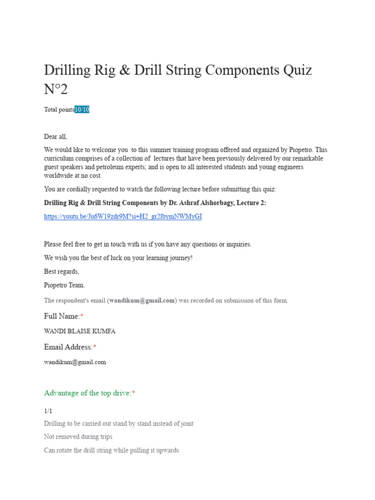 Drilling Rig & Sting Components (Quiz 2) | PDF | Mechanical Engineering