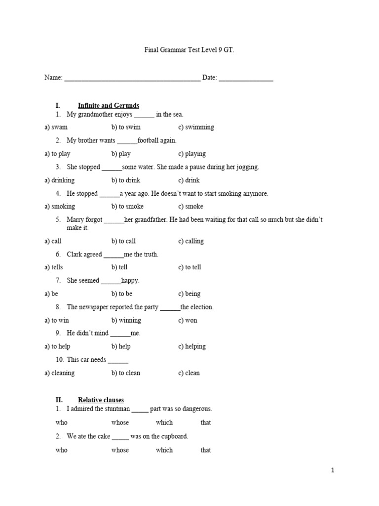 Final Grammar Test Level 9 GT | PDF