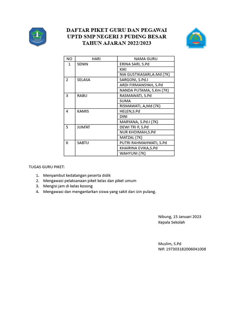 Daftar Piket Guru Dan Pegawai | PDF