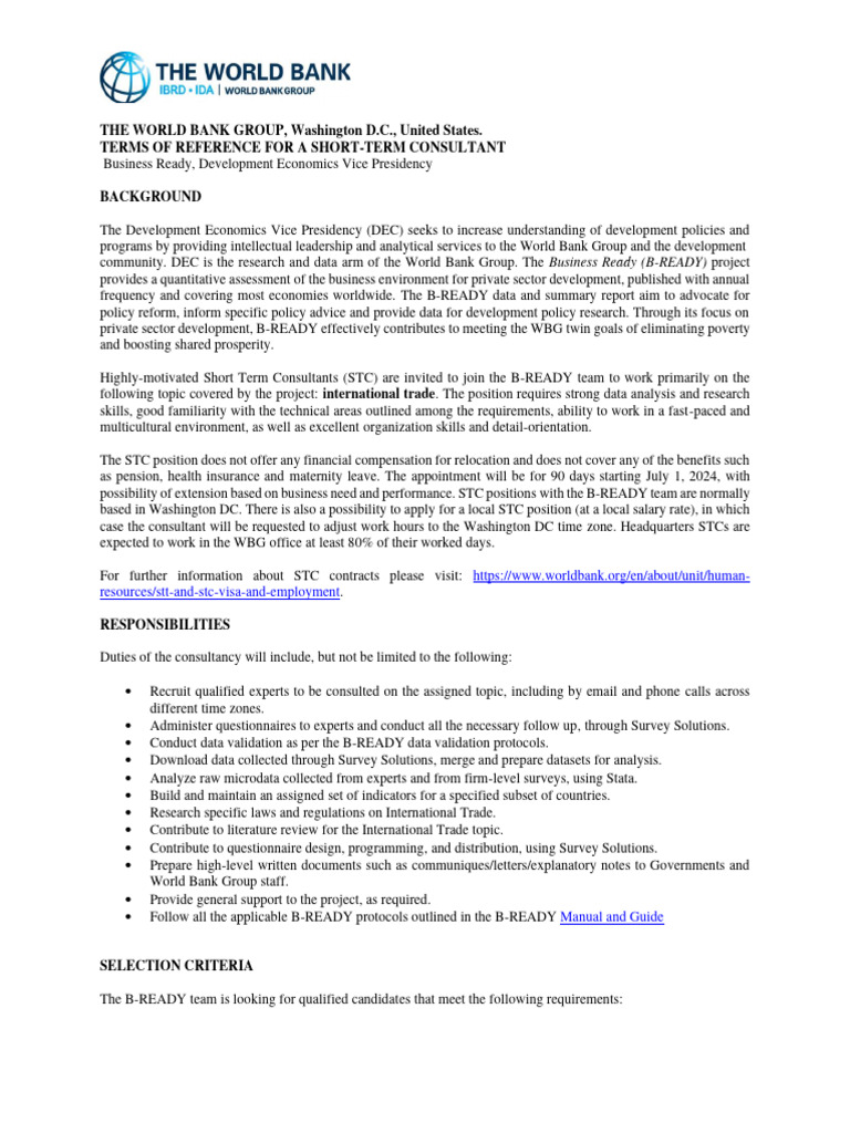 STC Opportunity for B-READY Project | PDF | World Bank Group | Economics