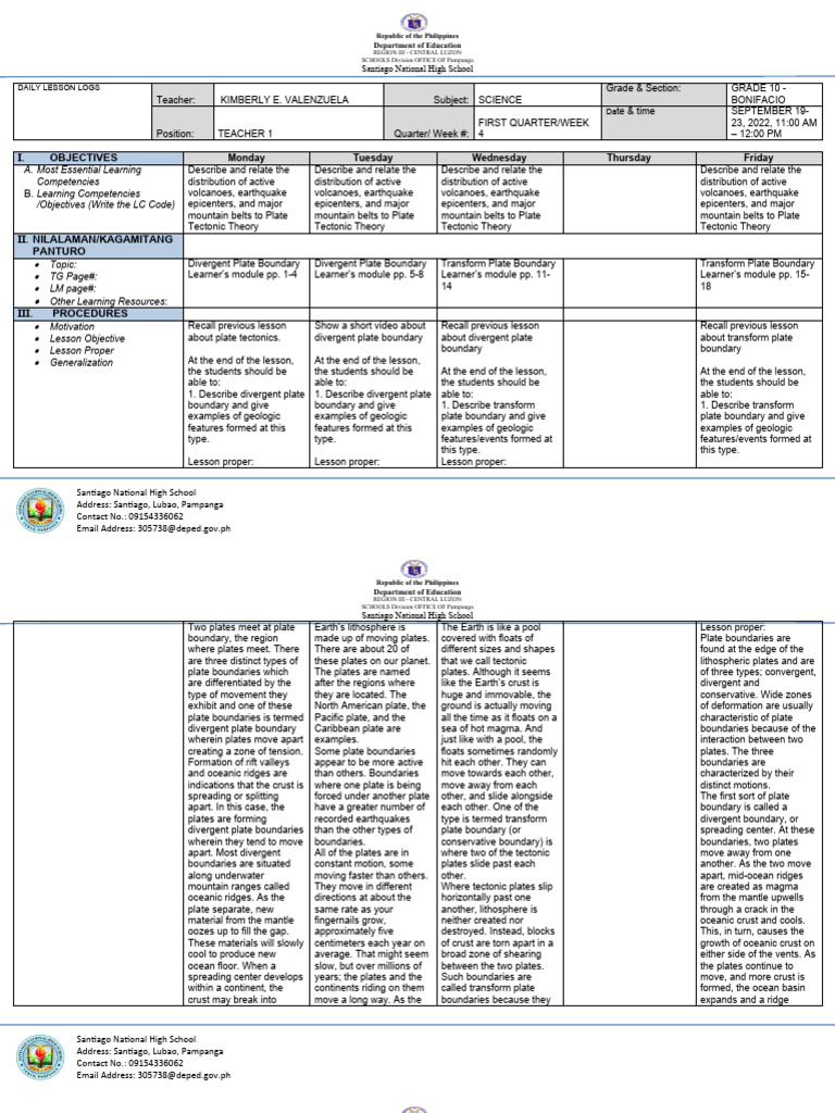 Science 10 DLL q1w4 2022 2023 Done Boni | Download Free PDF | Plate Tectonics | Geophysics