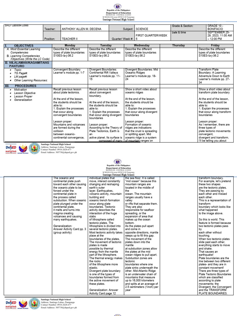Science 10 Dll q1w5 2022 2023 Done Boni | PDF | Plate Tectonics ...
