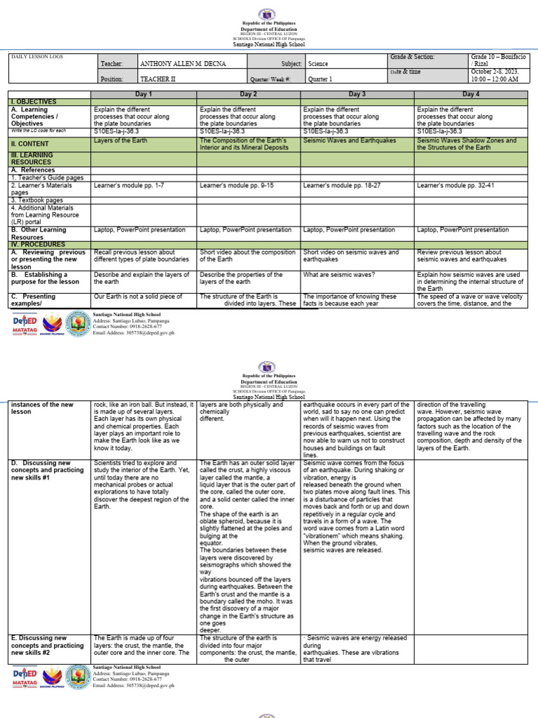 Science 10 DLL Q1W6 2022 2023 | PDF | Seismology | Earthquakes