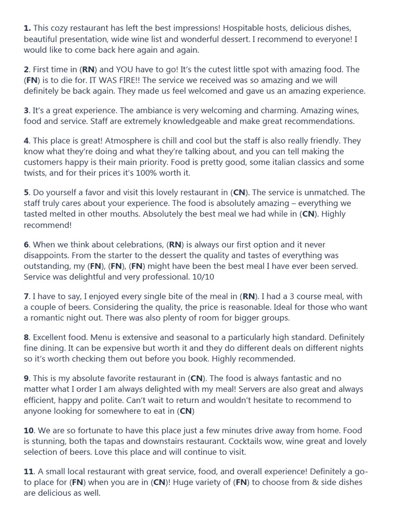 Highly Recommended Restaurant Reviews | PDF | Restaurants | Waiting Staff